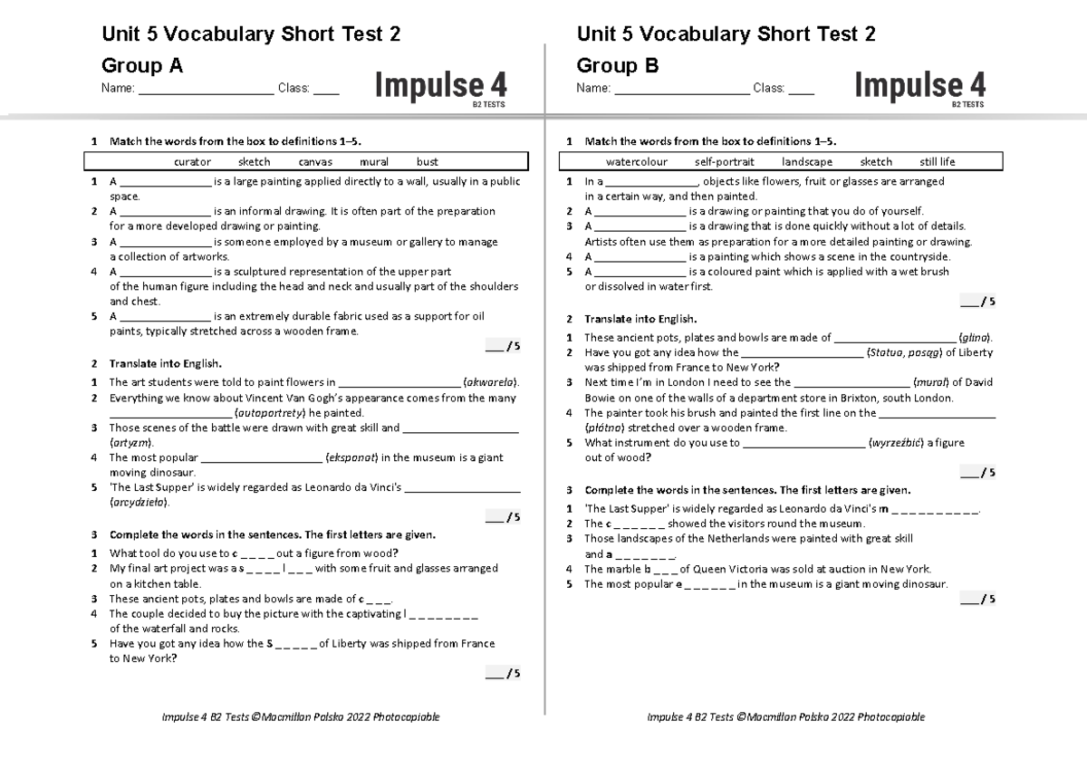 Unit 5 Vocabulary Short Test 2 A+B - Impulse 4 B2 Tests ©Macmillan ...