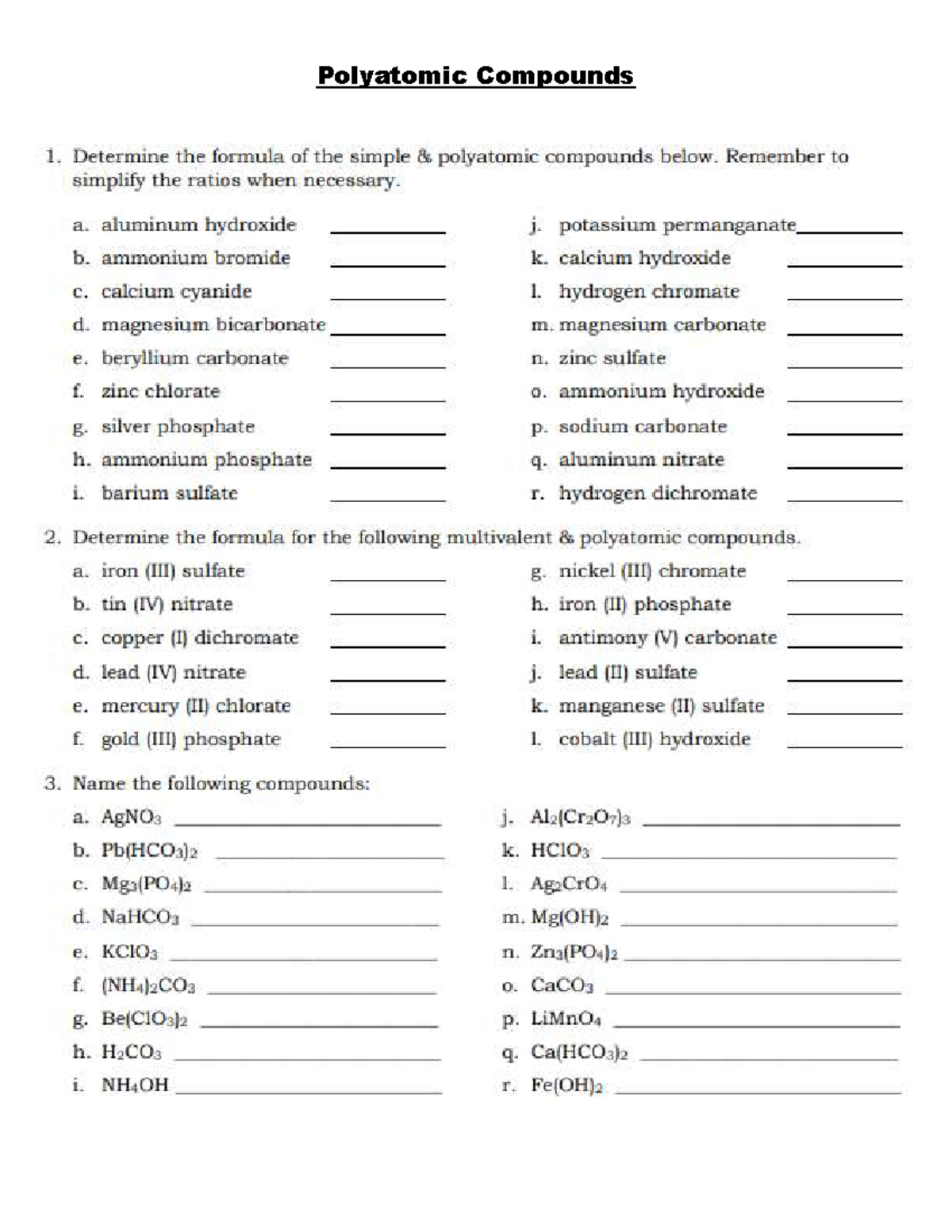 Polyatomic Compounds - Worksheet for Practice and Formulas - Studocu