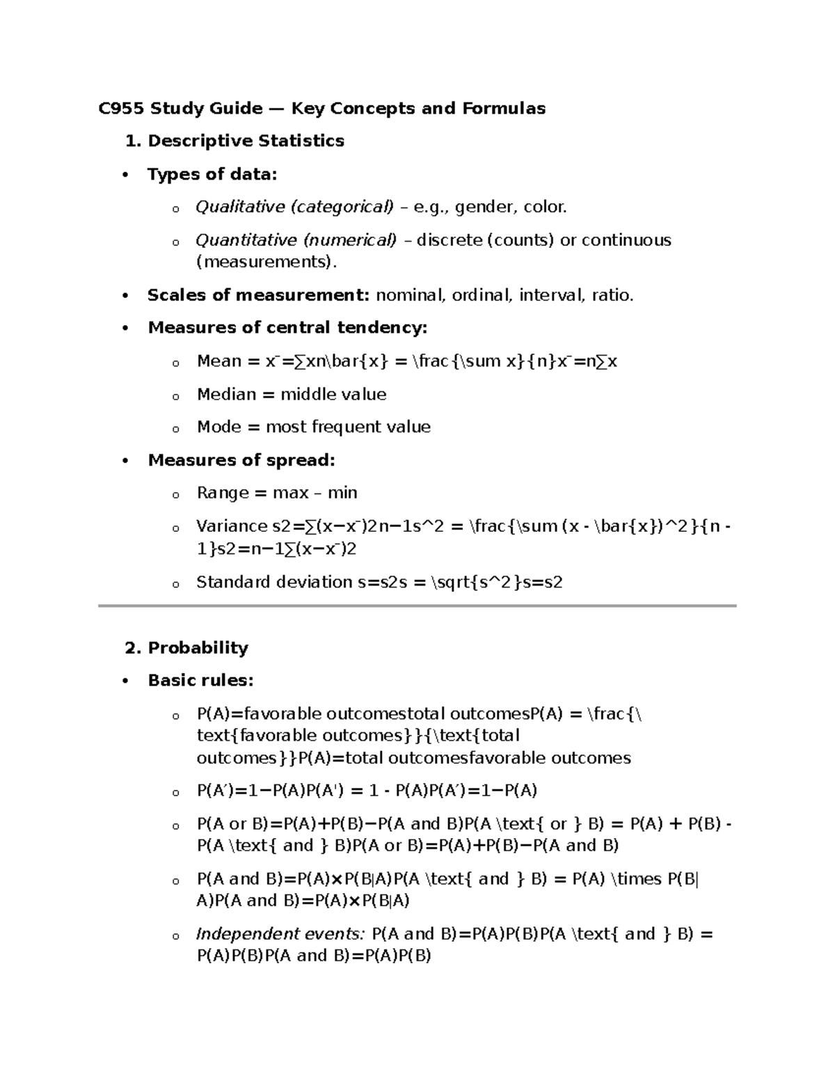 C955 Final Exam Study Guide: Key Concepts in Statistics and Probability - Studocu