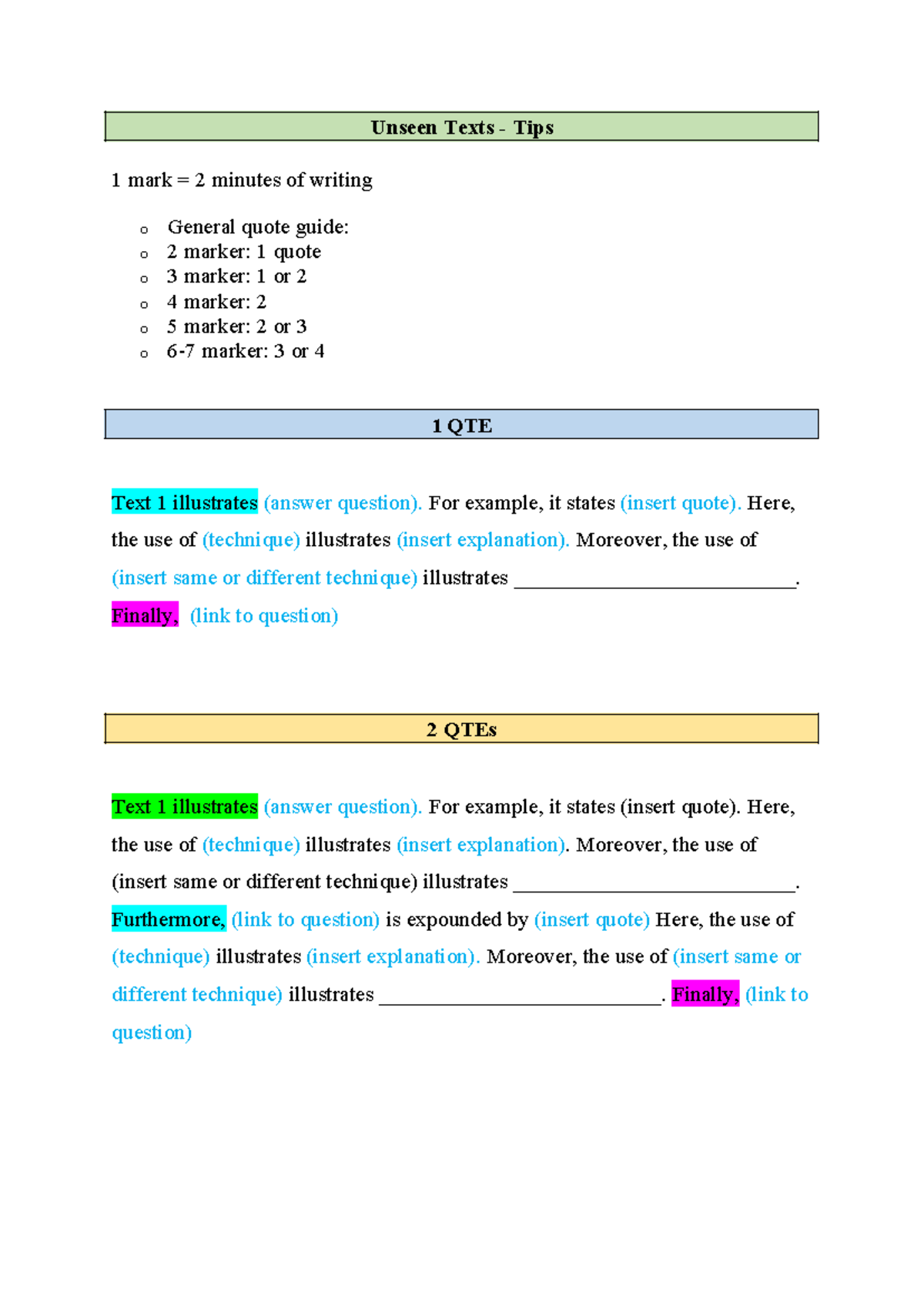 Unseen Text Scaffold - Unseen Texts - Tips 1 mark = 2 minutes of ...