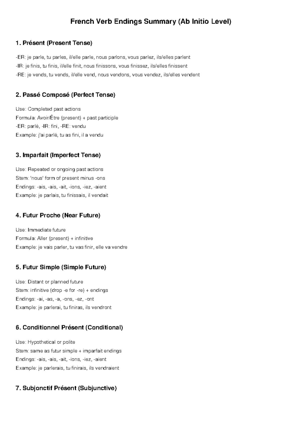 French Ab Initio Verb Endings Summary: Tenses Overview and Examples ...