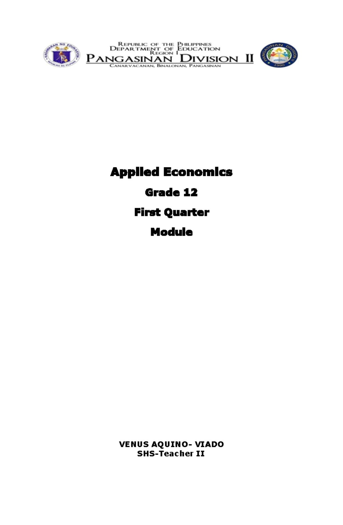 Applied Economics 12: First Quarter Module Overview and Activities ...