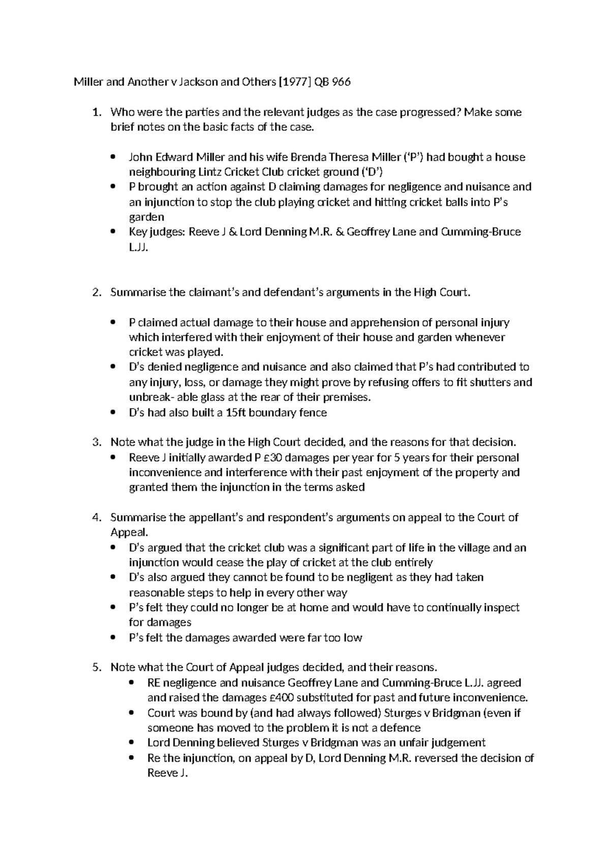 Miller v Jackson Notes - Summary Graduate diploma law - Miller and ...