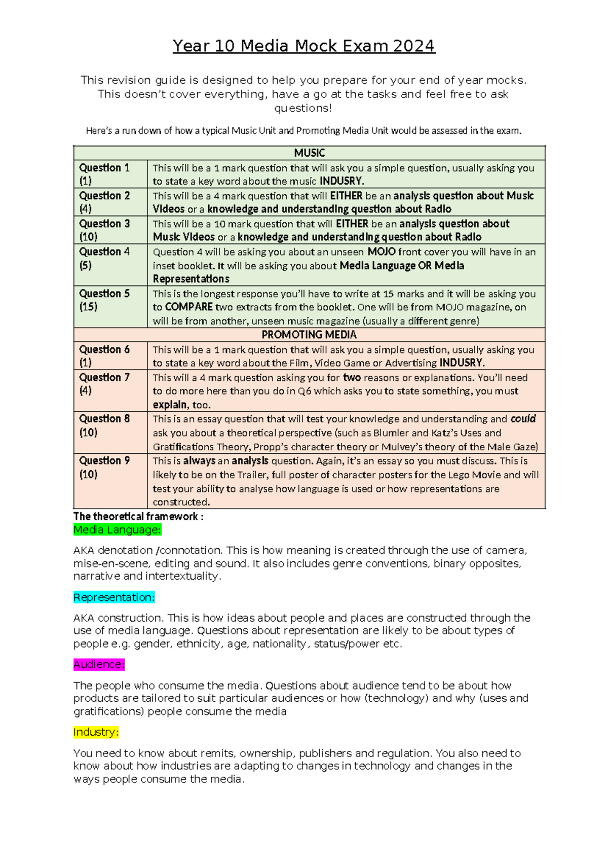 Year 10 Media Studies Mock Exam Revision Guide 2024 - Studocu
