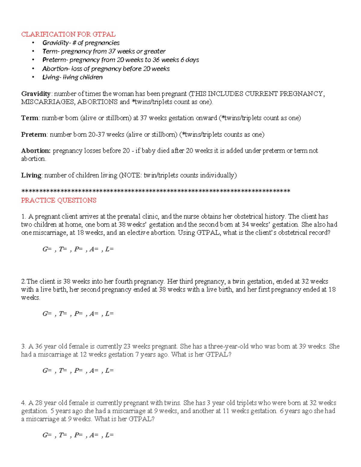 GTPAL Clarification and Practice Questions for Obstetrical History ...