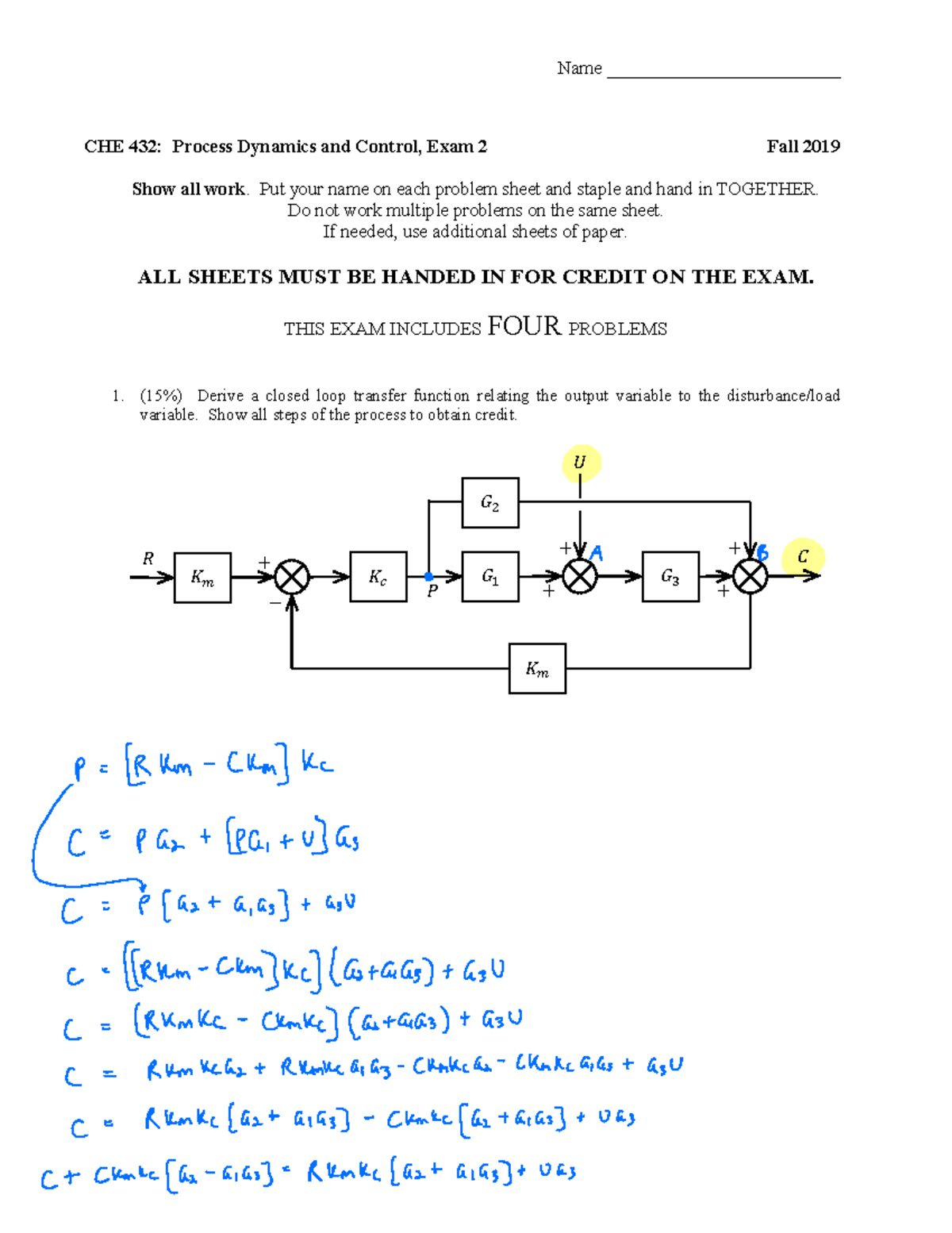 CHE 432: Process Dynamics Exam 2 Practice Problems (Fall 2019) - Studocu