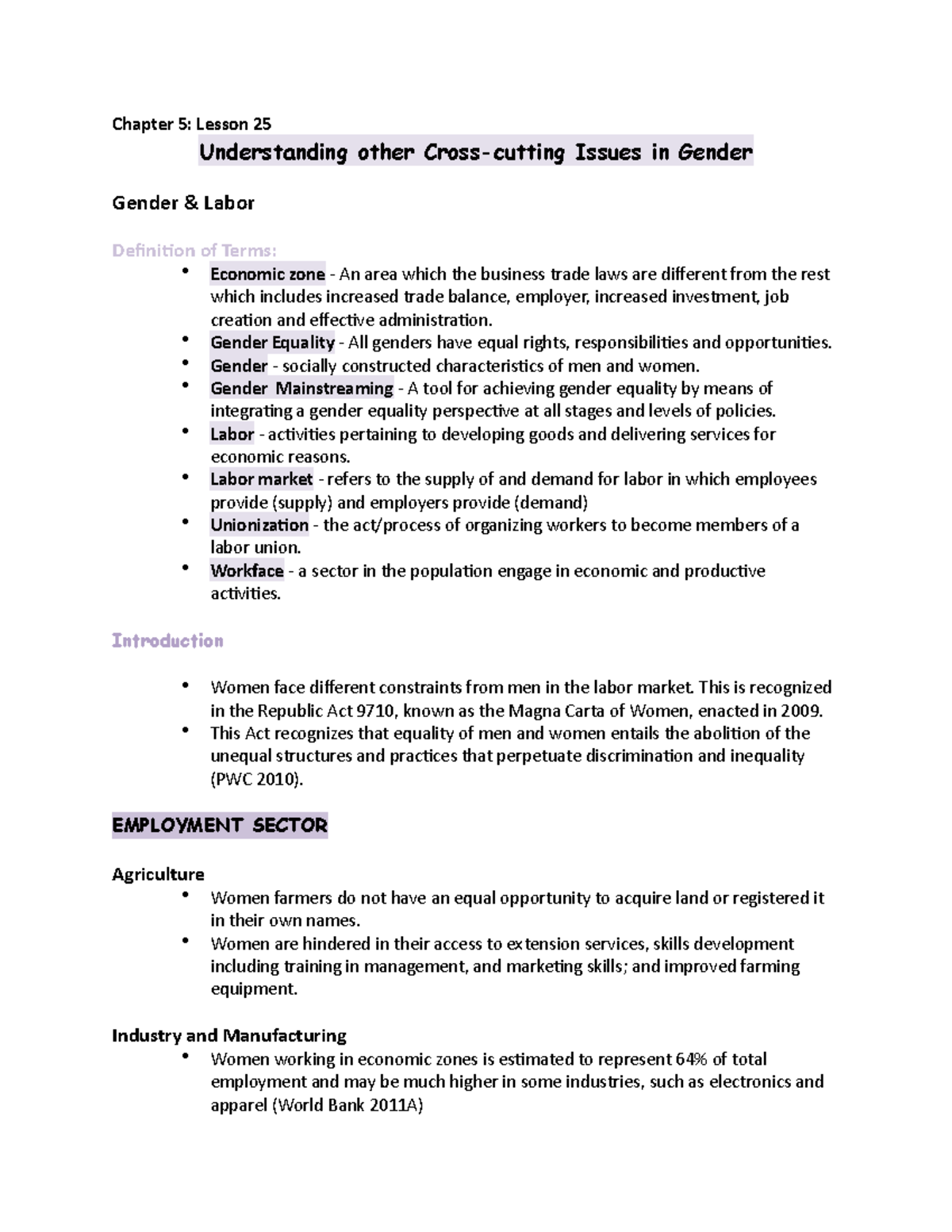 Gender Equality in Labor Markets: Understanding Key Issues (Ch 5 ...