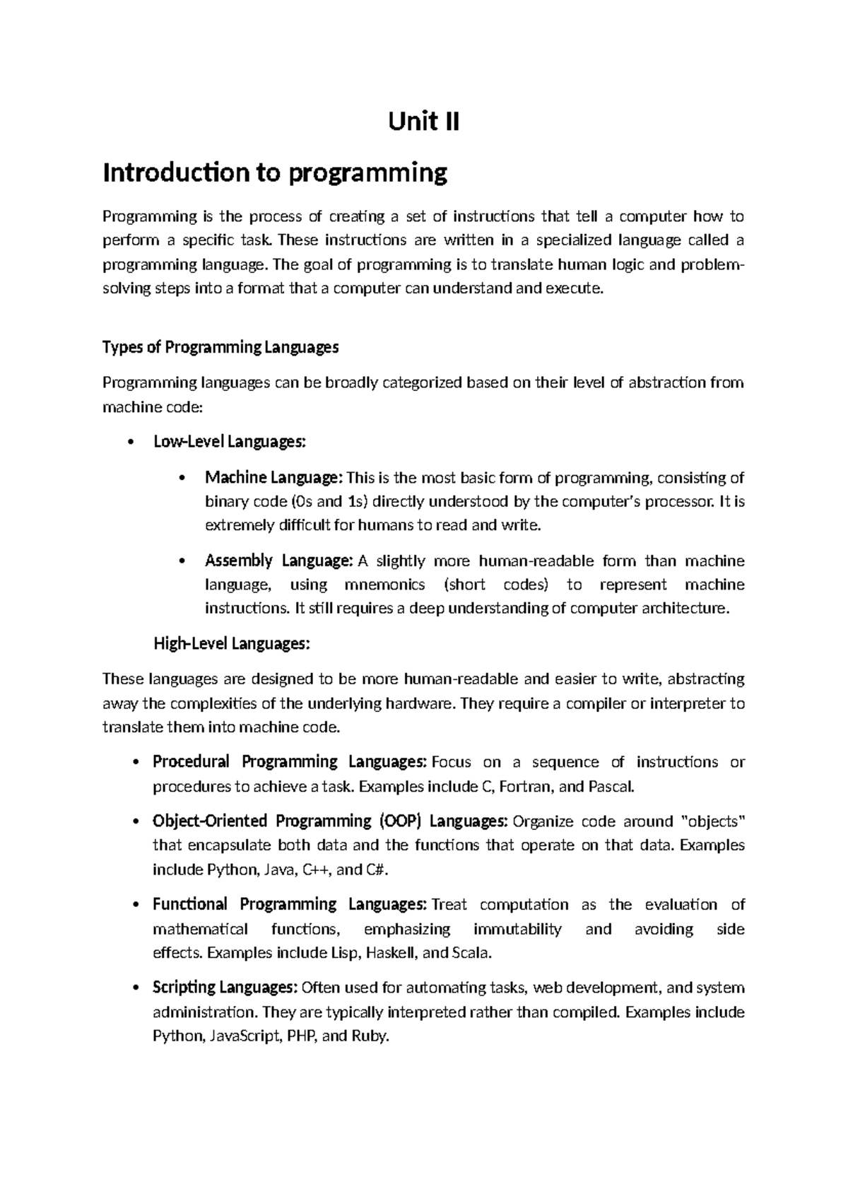 Unit II: Introduction to Programming Concepts and Paradigms - Studocu