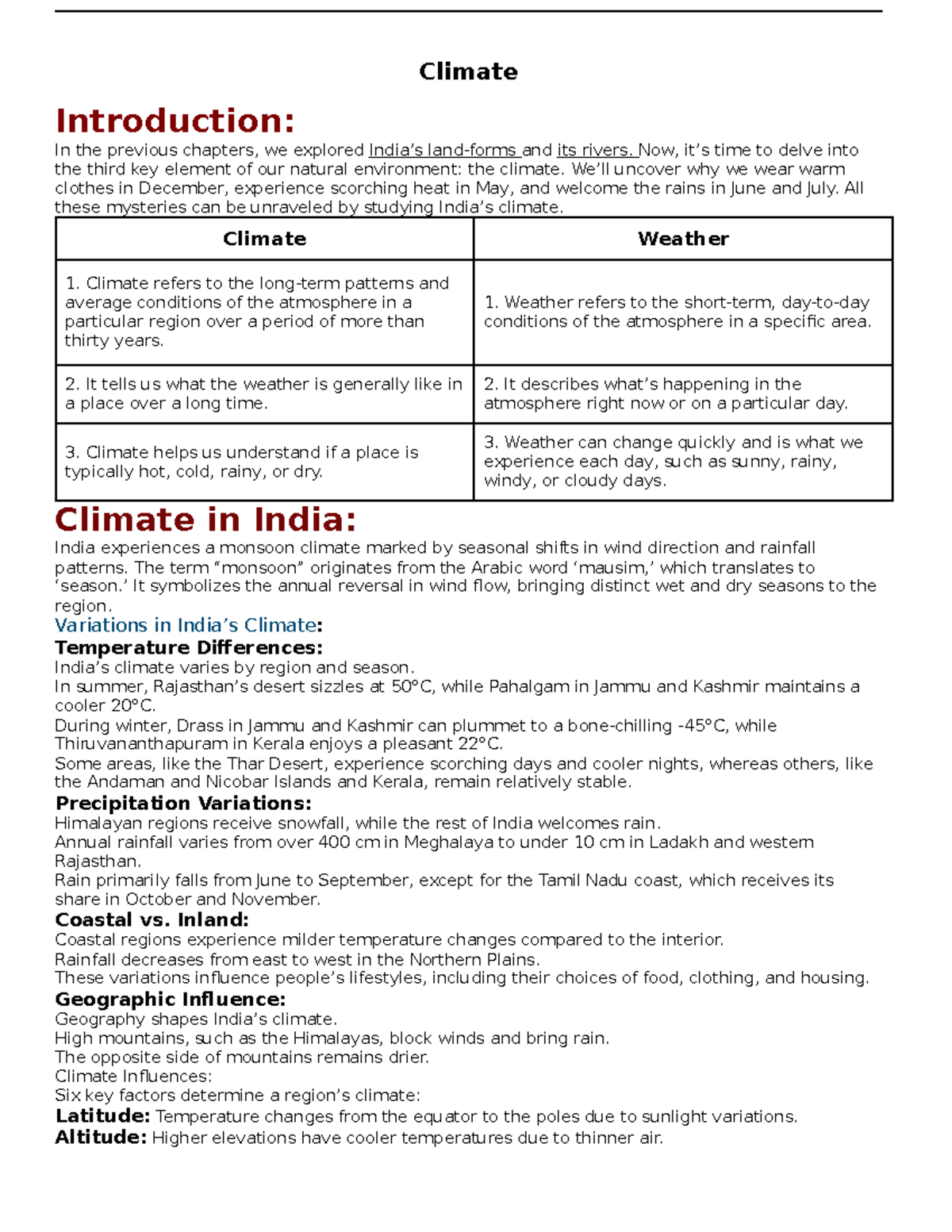 India's Climate: Understanding Monsoon Patterns and Variations - Studocu