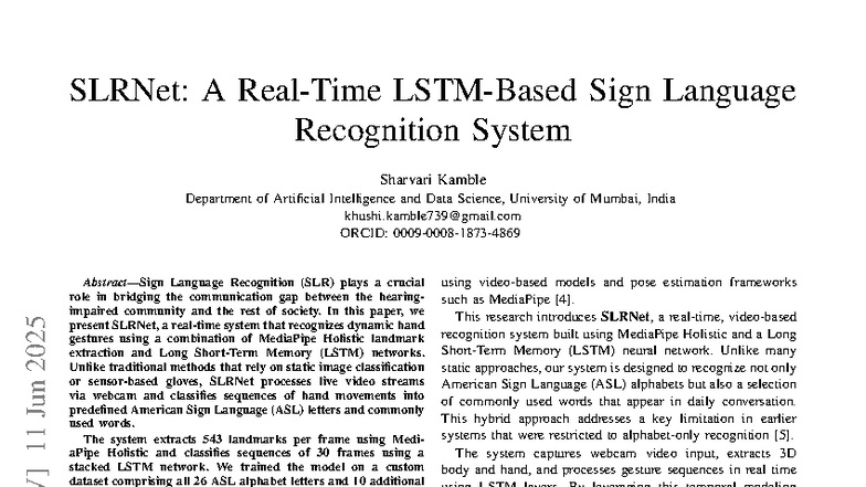 SLRNet: Real-Time Sign Language Recognition System (AI-2506) - Studocu