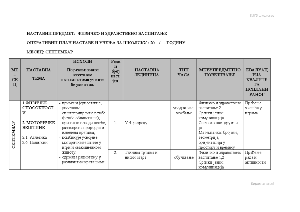 Fizicko i zdravstveno vaspitanje 4: Operativni plan nastave - Studocu