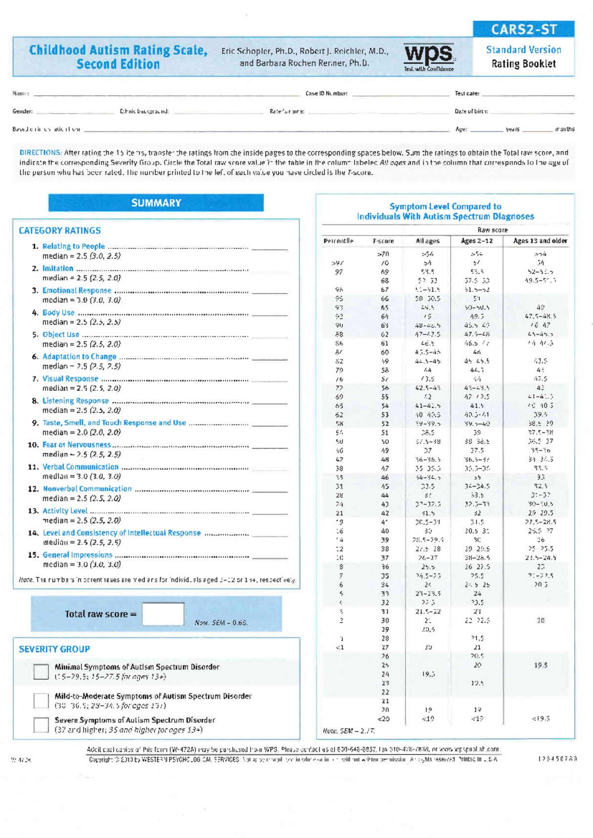 Childhood Autism Rating Scale (CARS-2) Standard Version Guide - Studocu