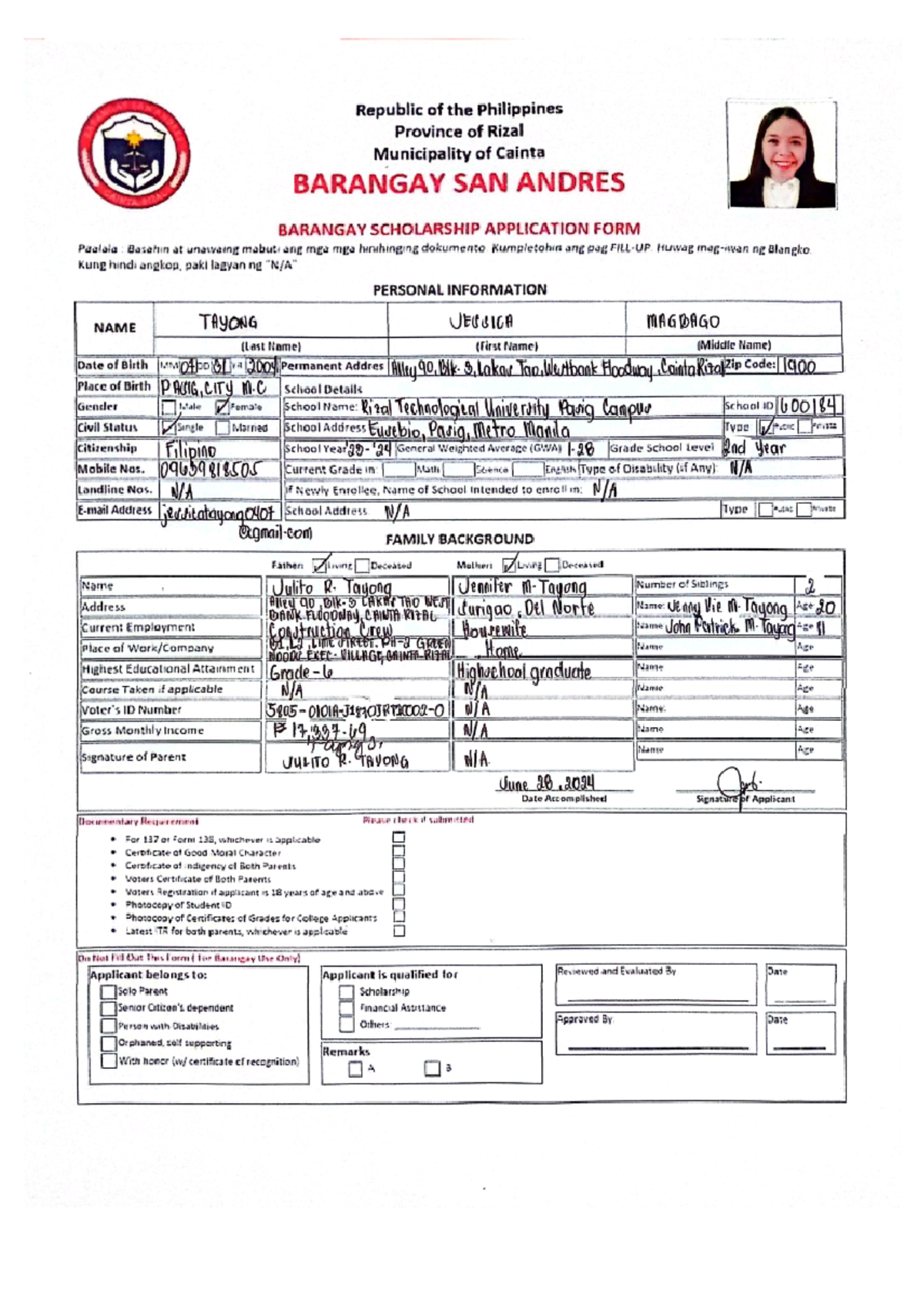 Application FORM - DonE - Republic of the Philippines Province of Rizal Municipality of Cainta ...