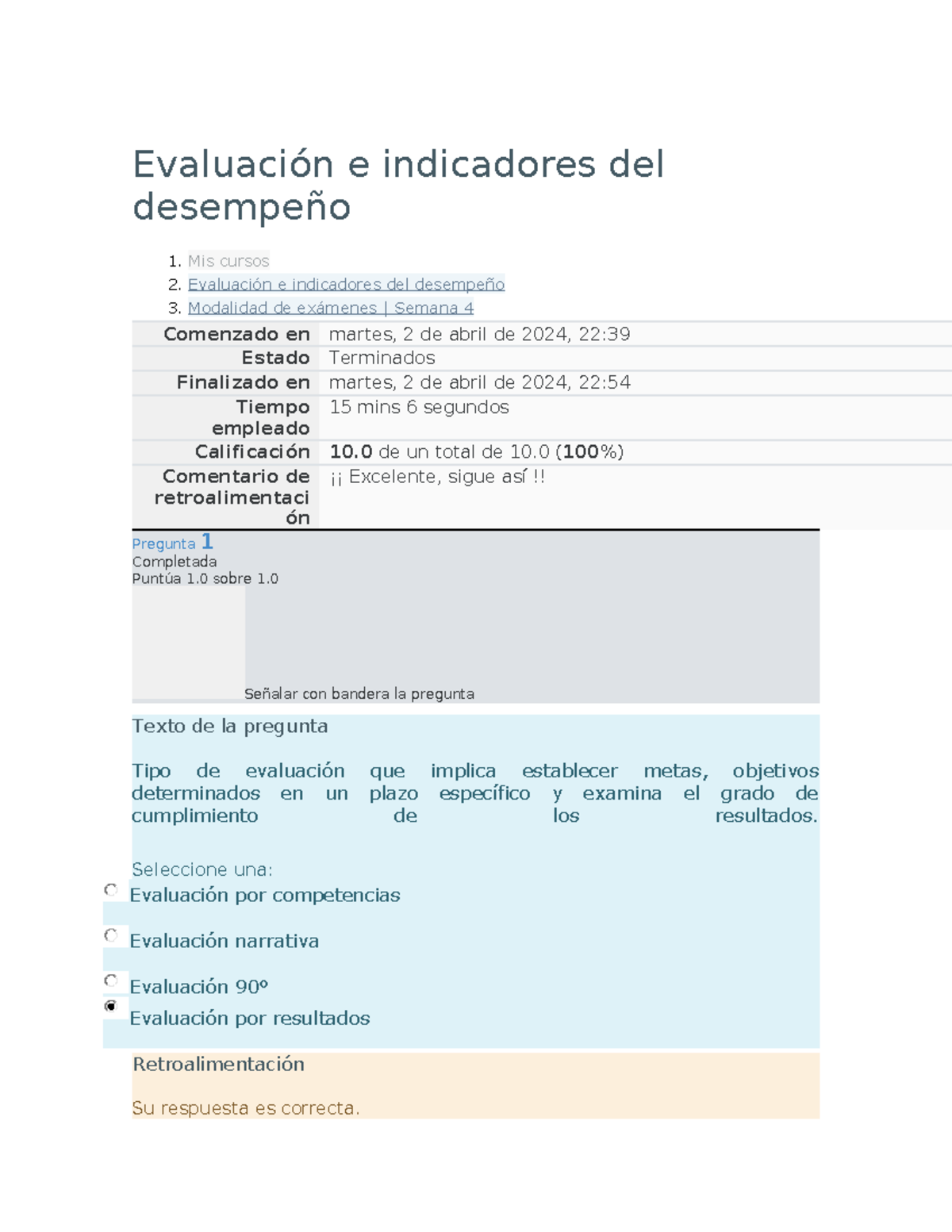 Evaluación e Indicadores del Desempeño - Examen Semana 4 - Studocu