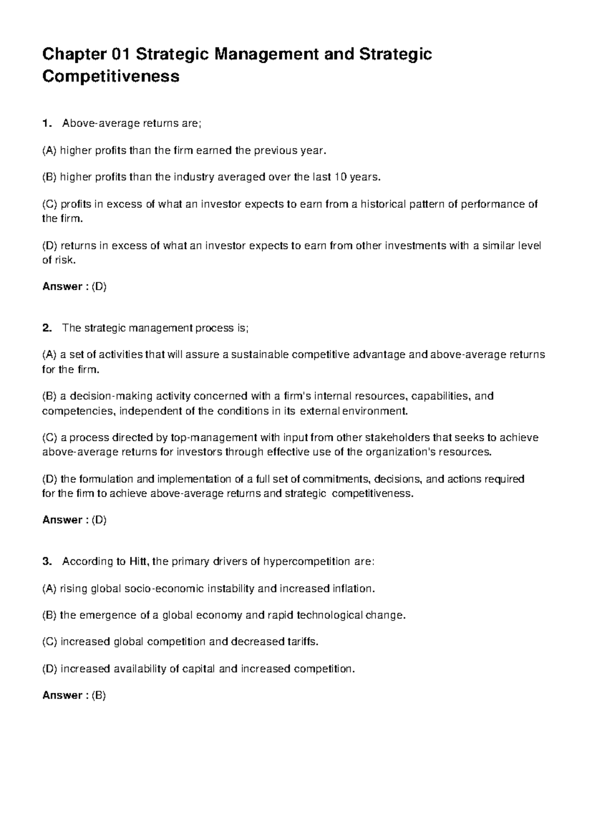 Chapter 01 Strategic Management & Competitiveness: Key Concepts ...