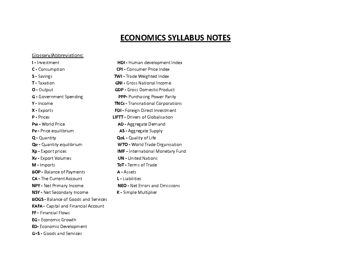 ECO Year 12 Economics Notes: Global Economy & Australia's Role ...