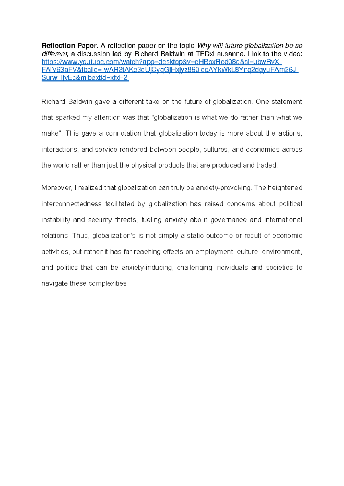 Contemporary World Reflection Paper No. 2: Future Globalization ...