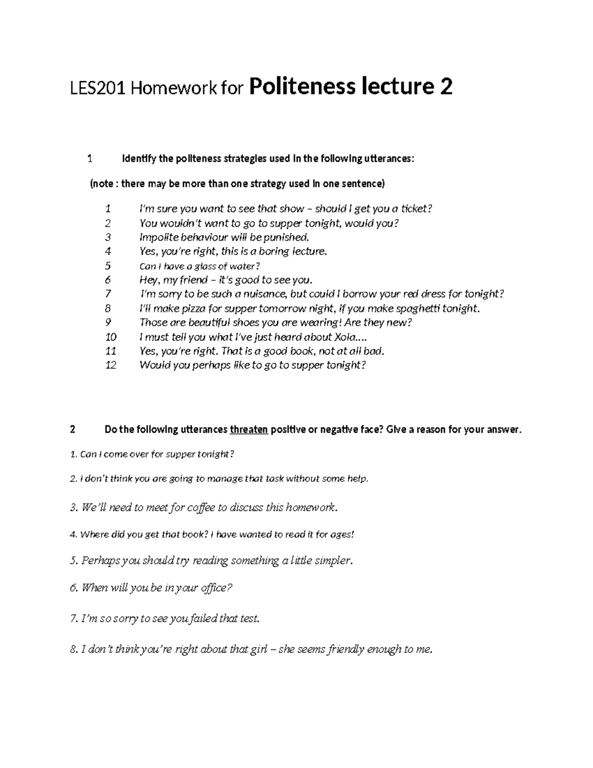 LES201 Homework: Politeness Strategies in Lecture 2 - Studocu