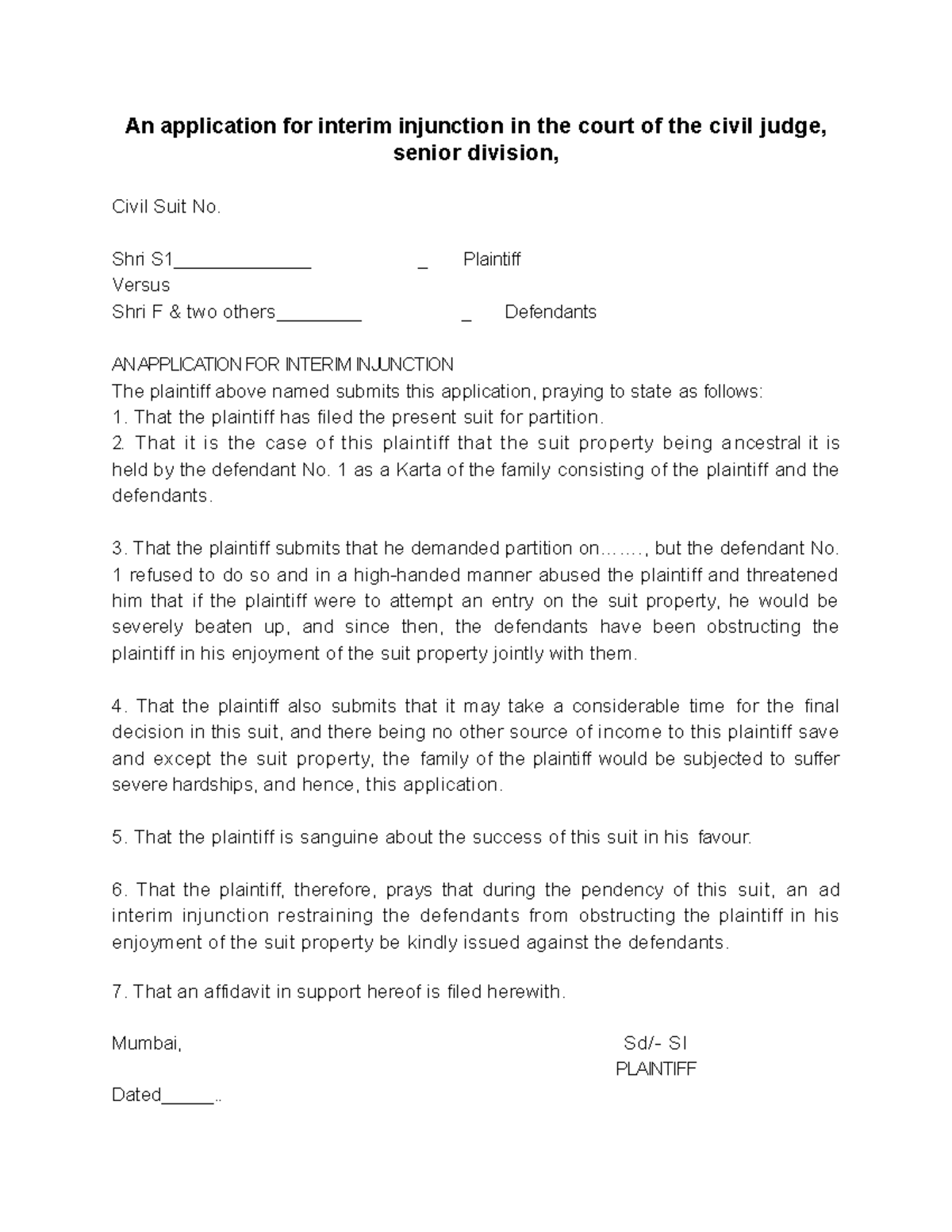 An application for interim injunction in the court of the civil judge ...