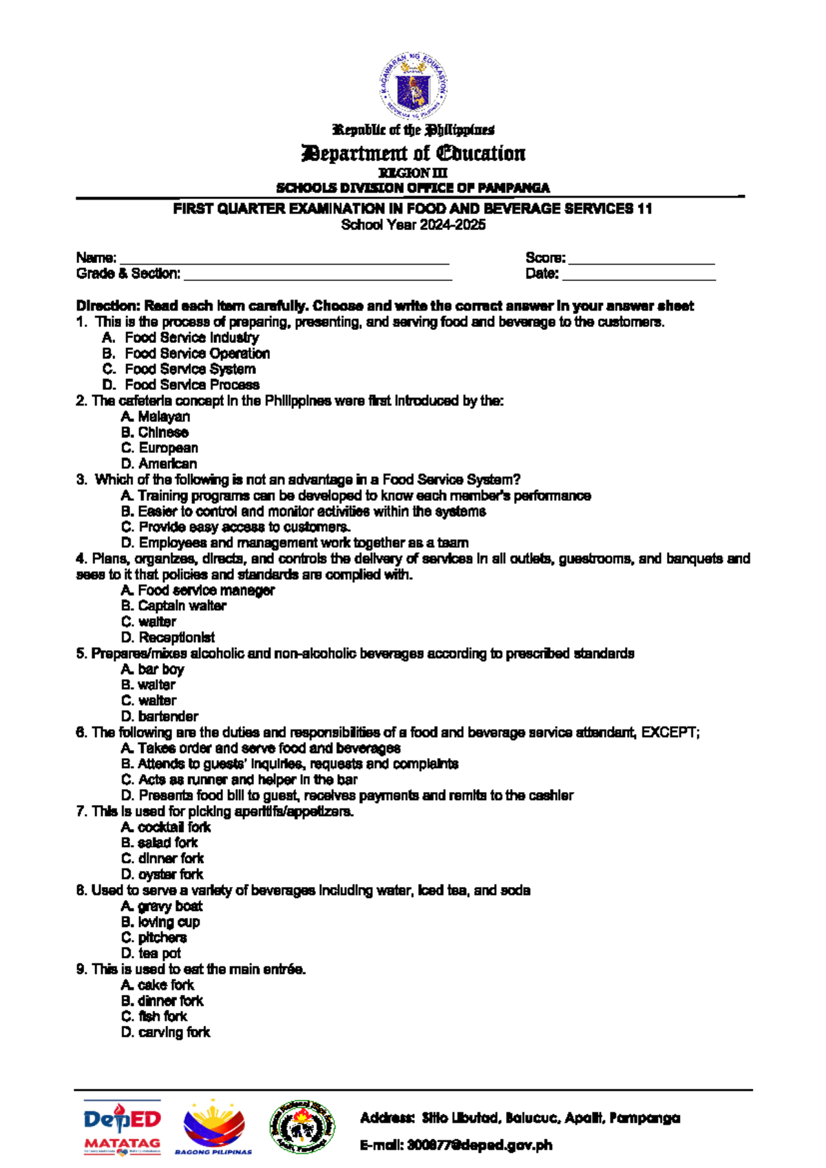 FOOD AND BEVERAGE SERVICES 11: FIRST QUARTER EXAMINATION GUIDE - Studocu