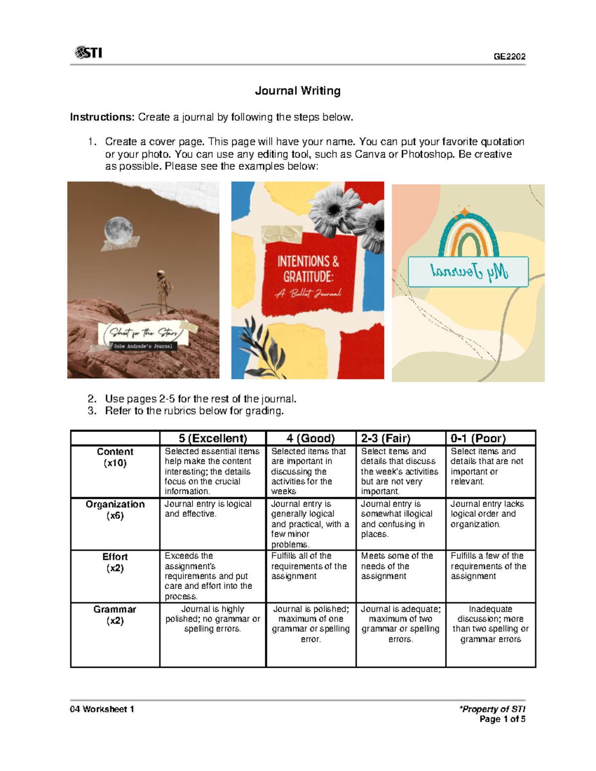 04 Worksheet 2 - Journal Writing Guidelines and Rubric - Studocu
