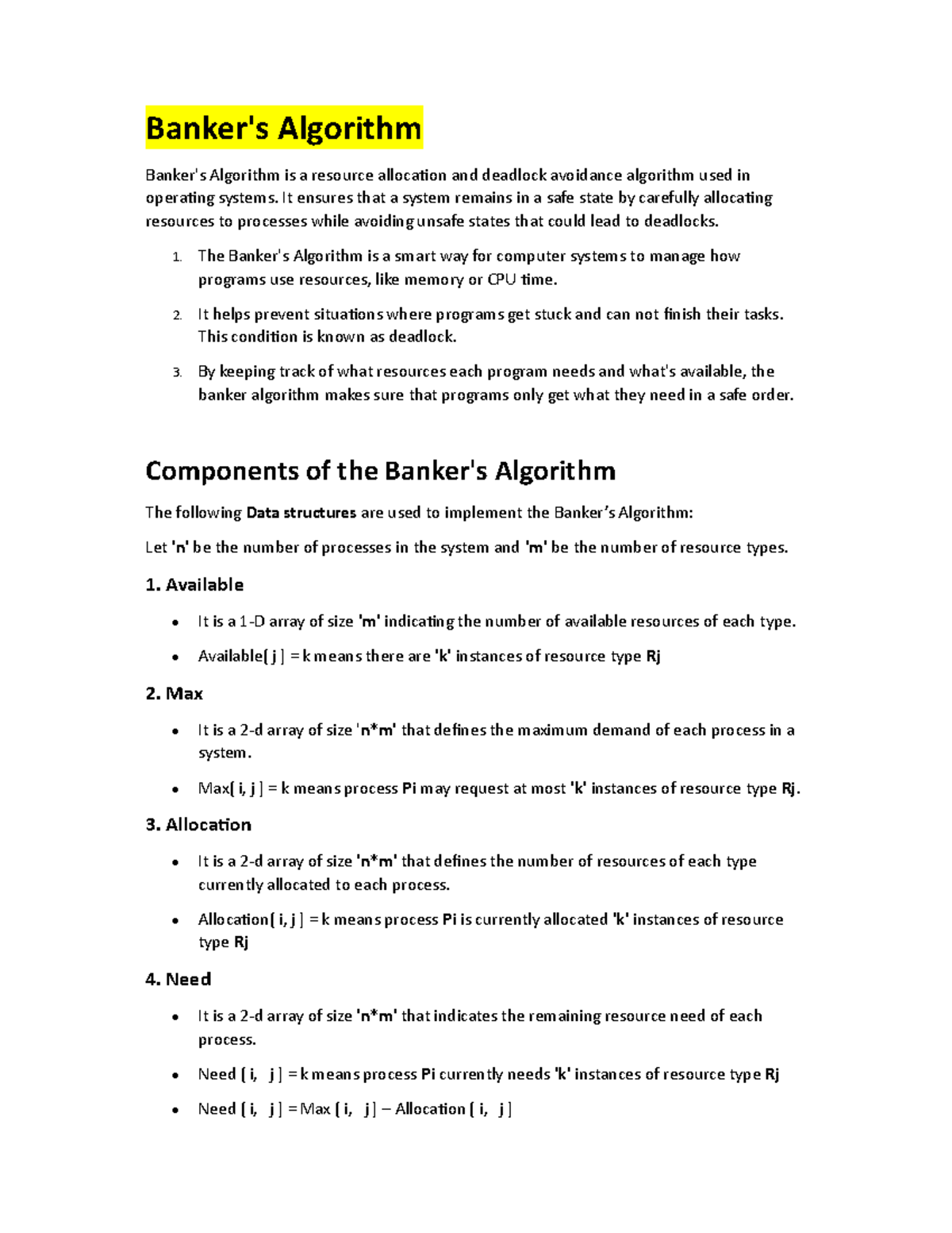 Banker's Algorithm: Resource Allocation & Deadlock Avoidance - Studocu