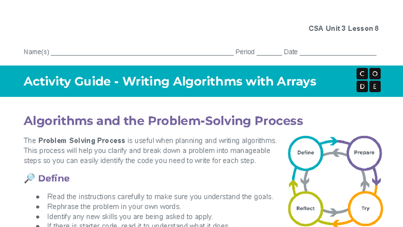 CSA U3L8 Activity Guide: Writing Algorithms with Arrays - Studocu