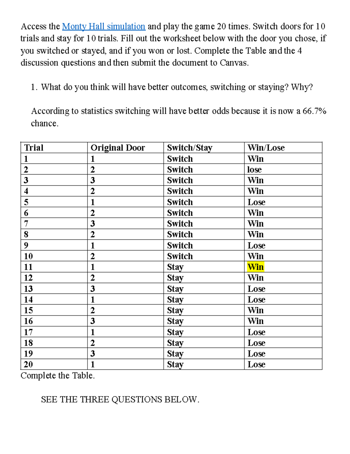 Monty Hall Simulation Worksheet - Fall 2024 - Studocu