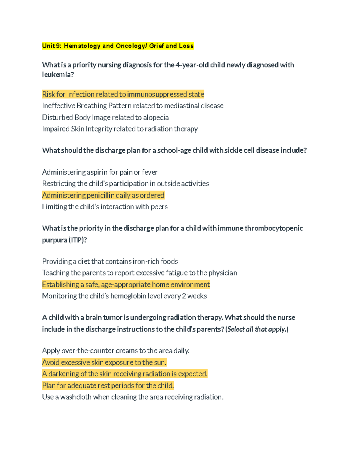 Unit 9 & 10: Pediatric Nursing Care for Hematology & Neurosensory ...