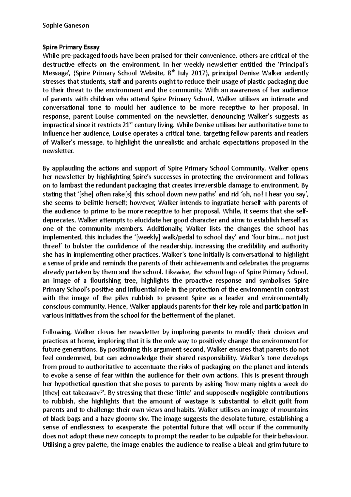 Spire Primary Essay: Examining Walker and Louise’s Environmental Debate ...