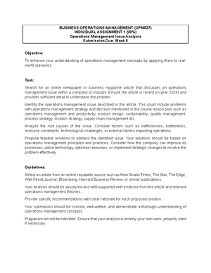 Assignment OPM537 - BUSINESS OPERATIONS MANAGEMENT (OPM53 7 ) ASSESSMENT DETAILS (MAR – AUG 2024 ...