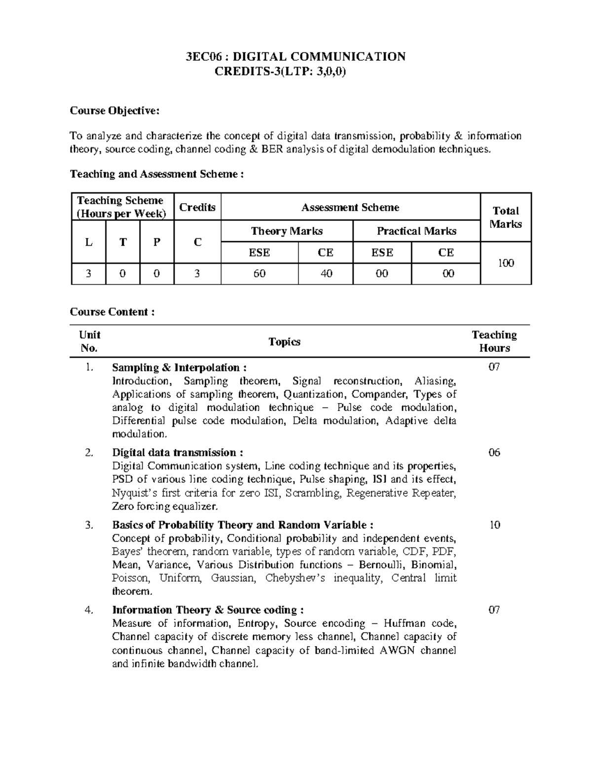 3EC06: Digital Communication Course Outline and Objectives - Studocu