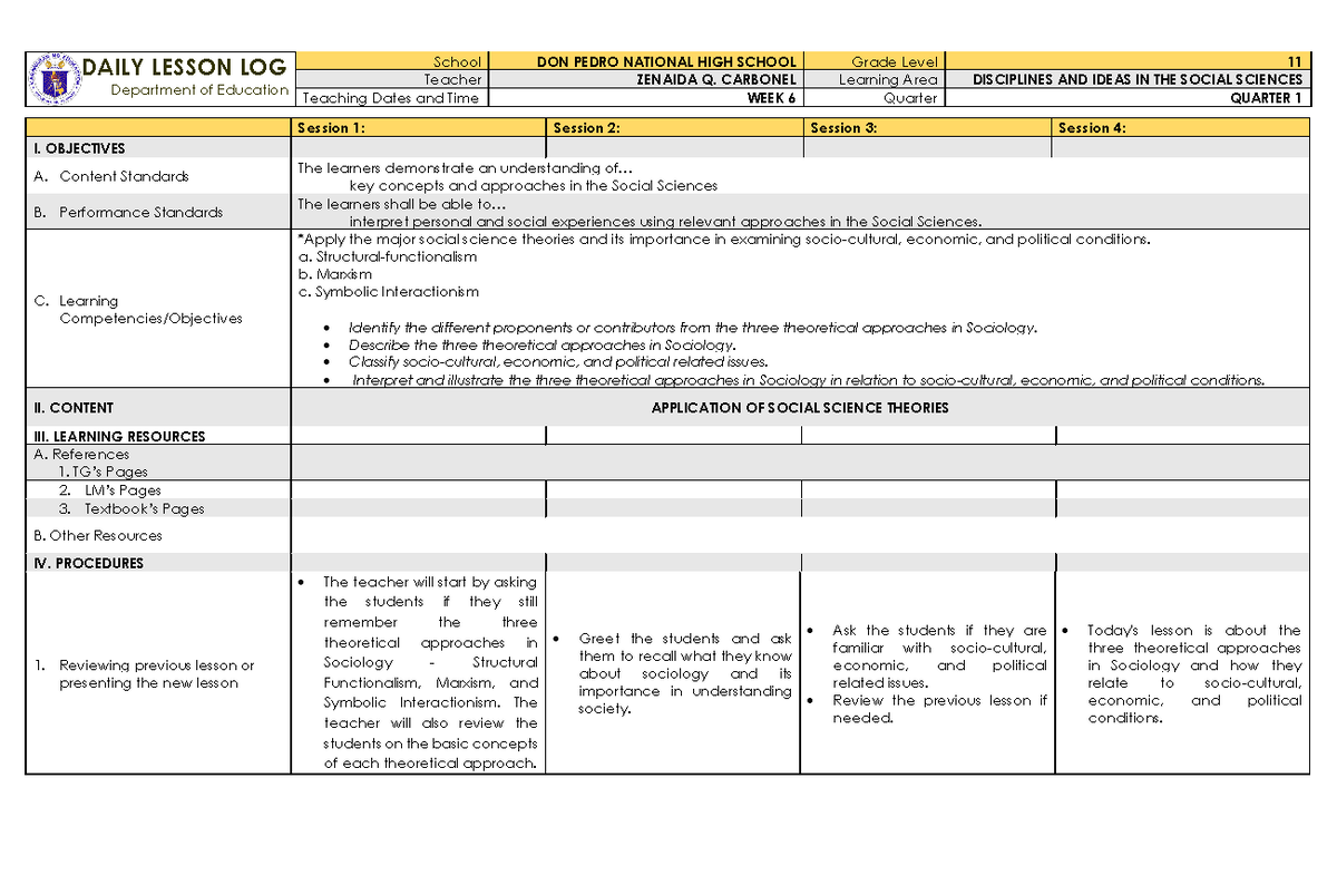 DISS Q1 WEEK6 - Daily Lesson Log - DAILY LESSON LOG Department of ...