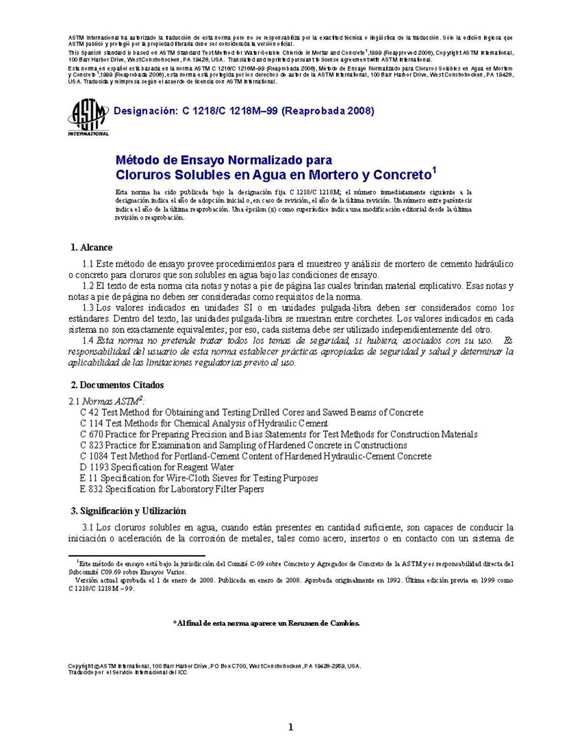 ASTM C1218 - Método Normalizado de Ensayo de Cloruros Solubles en Agua ...