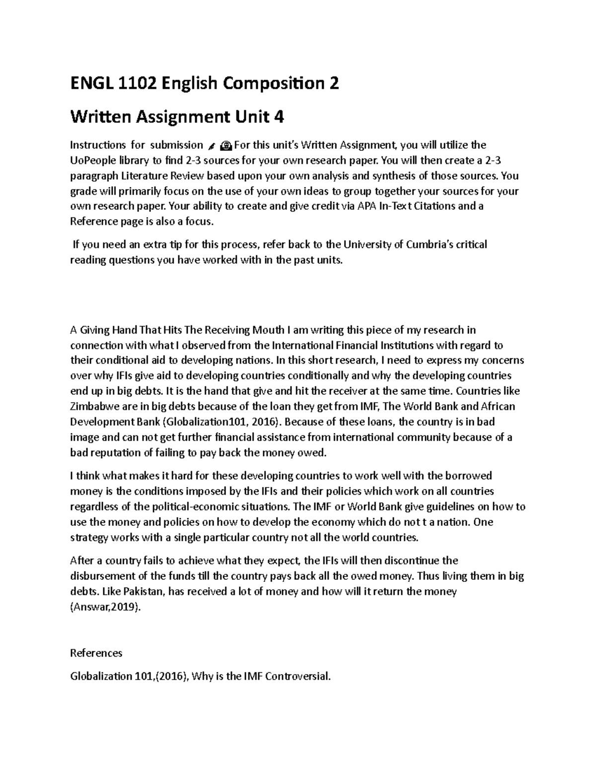 Document - English Composition 2 ENGL 1102 UNIT 4 DISCUSSION ASSIGNMENT ...