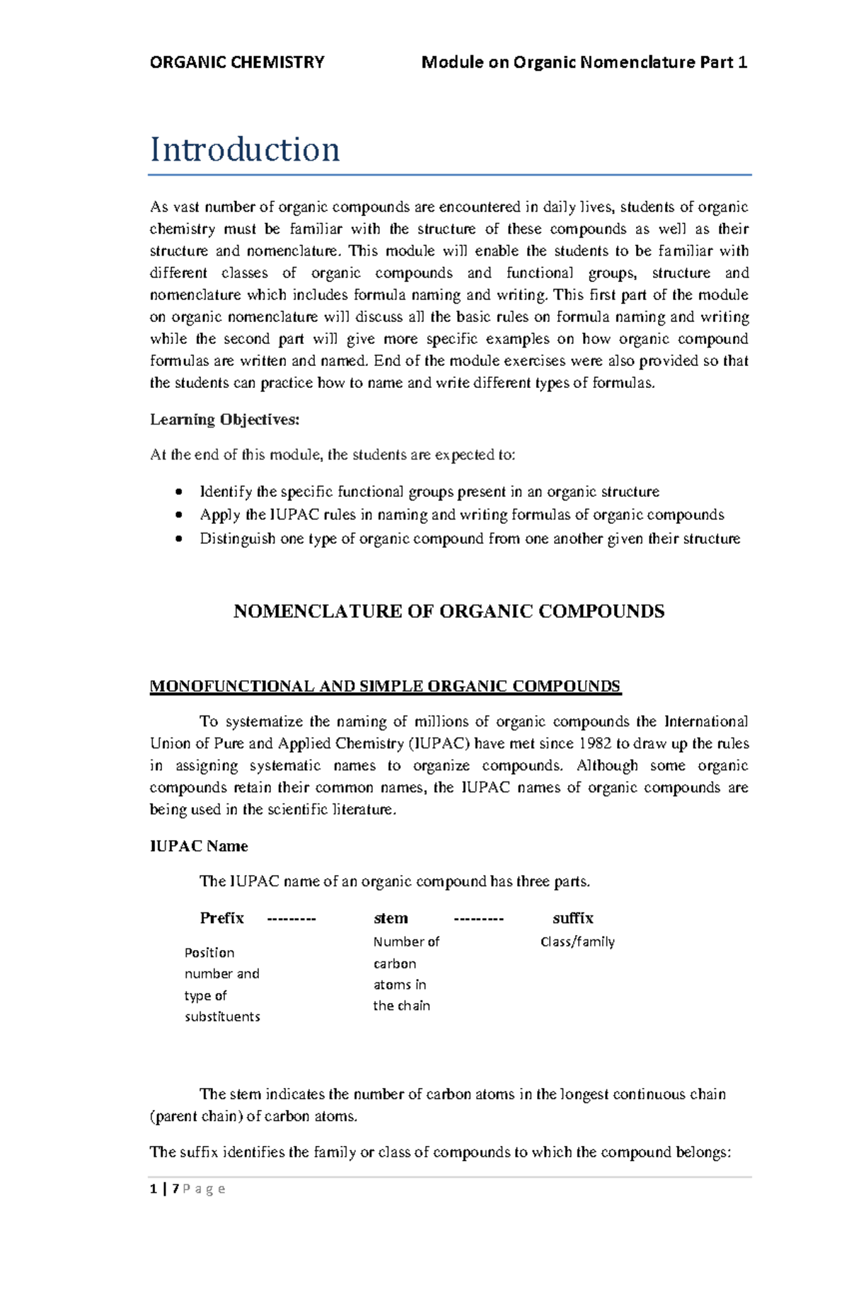 Organic Chemistry (CHEM101) Module on Nomenclature: Part 1 Basics - Studocu