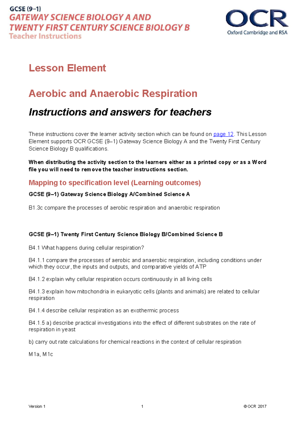 OCR GCSE Biology Lesson Element: Aerobic vs Anaerobic Respiration - Studocu