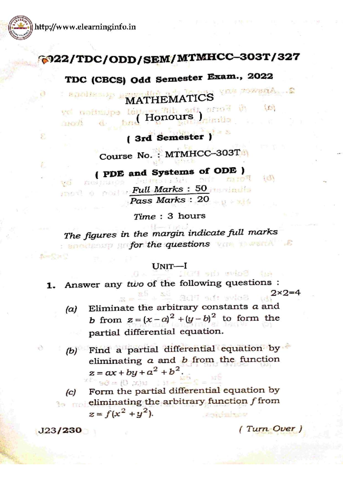 PDE & ODE Exam Practice Questions - TDC (CBCS) 3rd Sem 2022 - Studocu