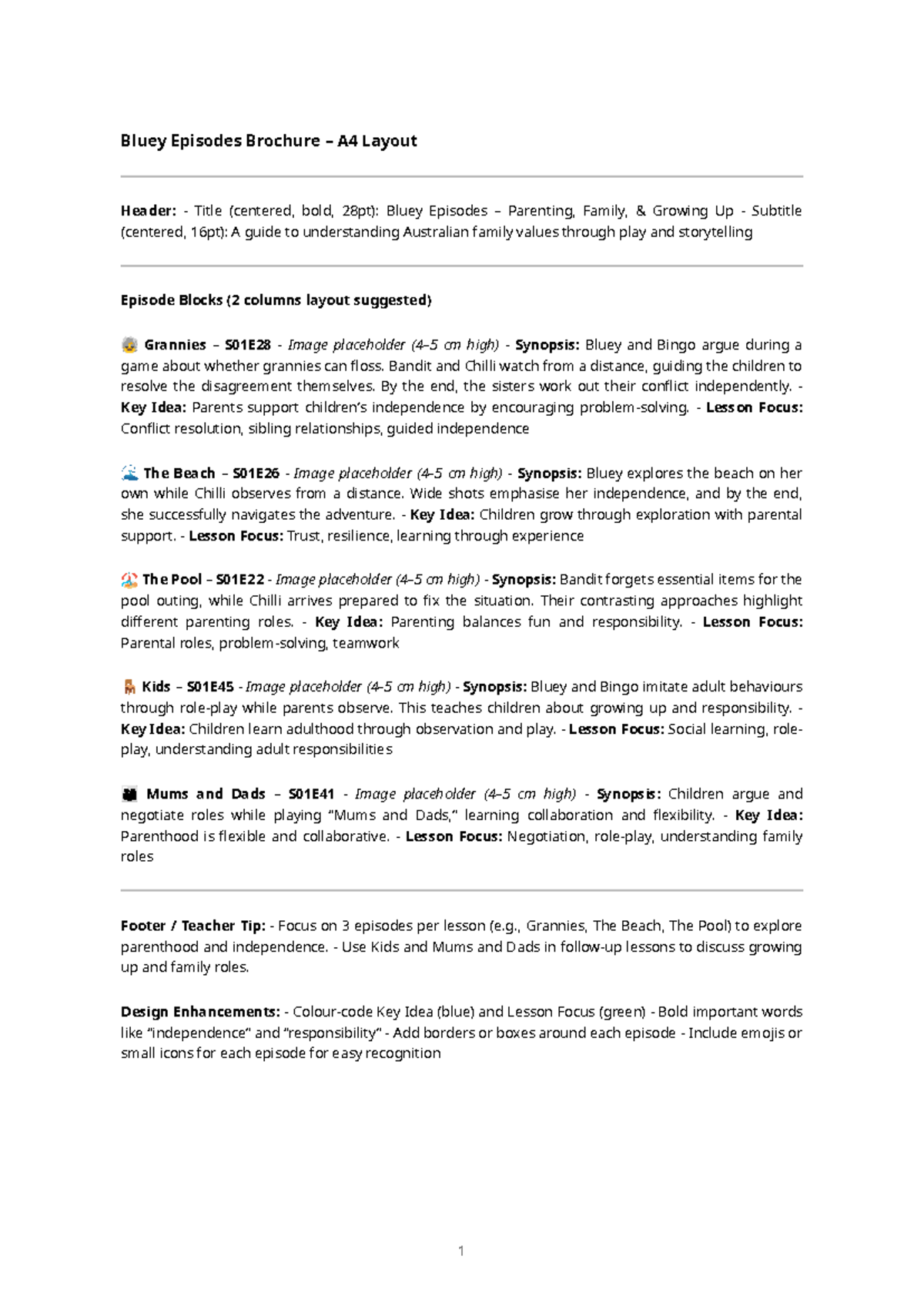Bluey Episodes Brochure: Parenting Insights & Family Values - Studocu