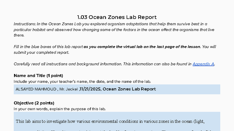 1.03 Ocean Zones Lab Report: Exploring Organism Adaptations - Studocu