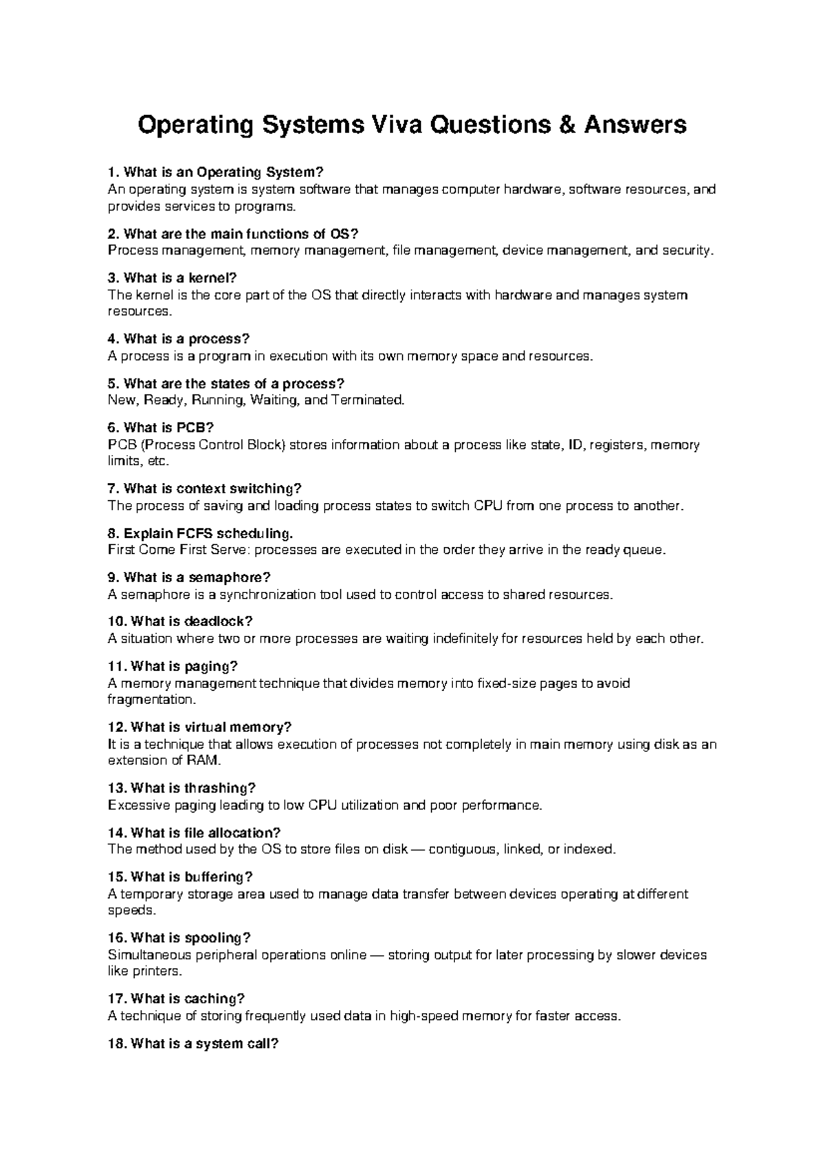 Operating Systems (OS) Viva Questions & Answers Guide - Studocu