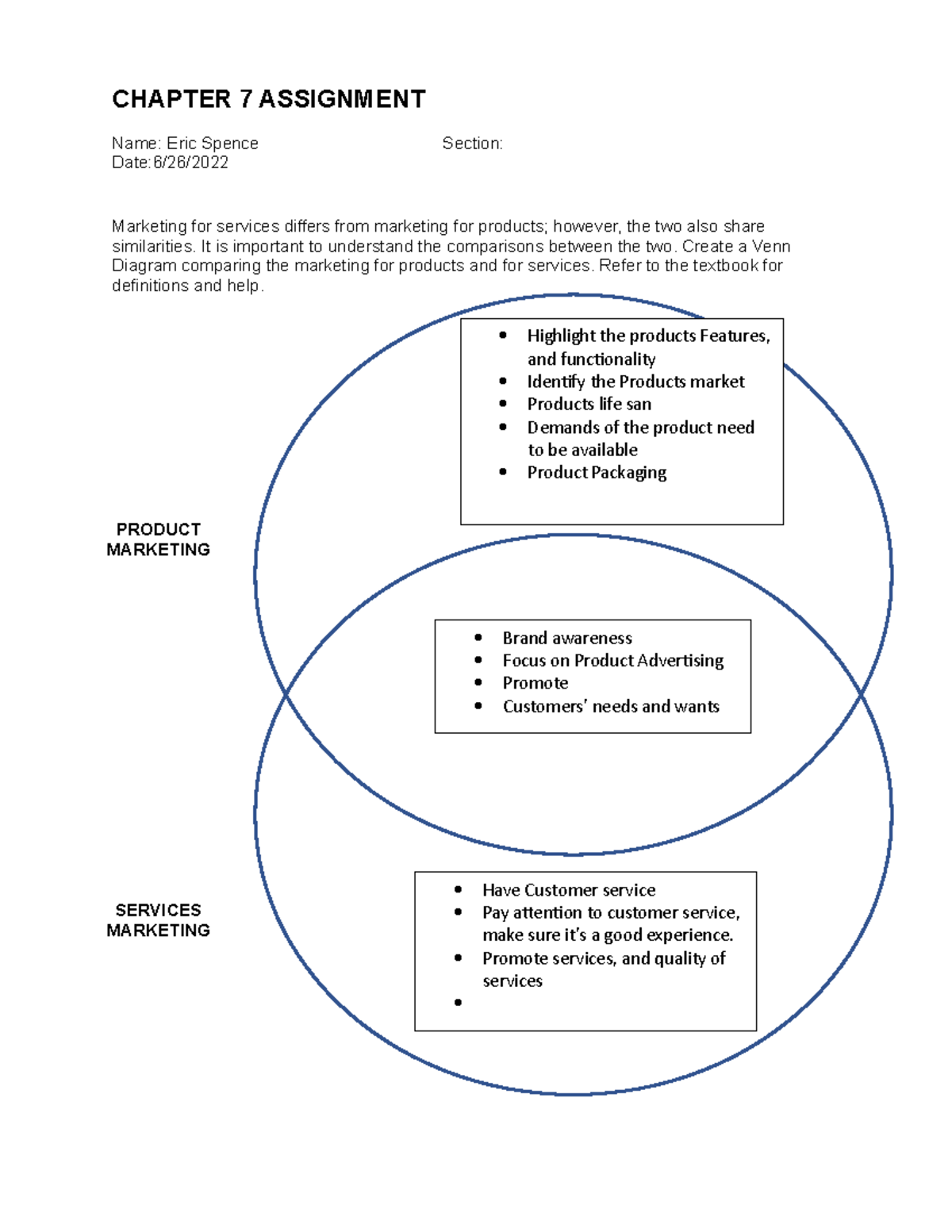 Chapter 7 Assignment - CHAPTER 7 ASSIGNMENT Name: Eric Spence Section: Date:6/26/ Marketing for ...