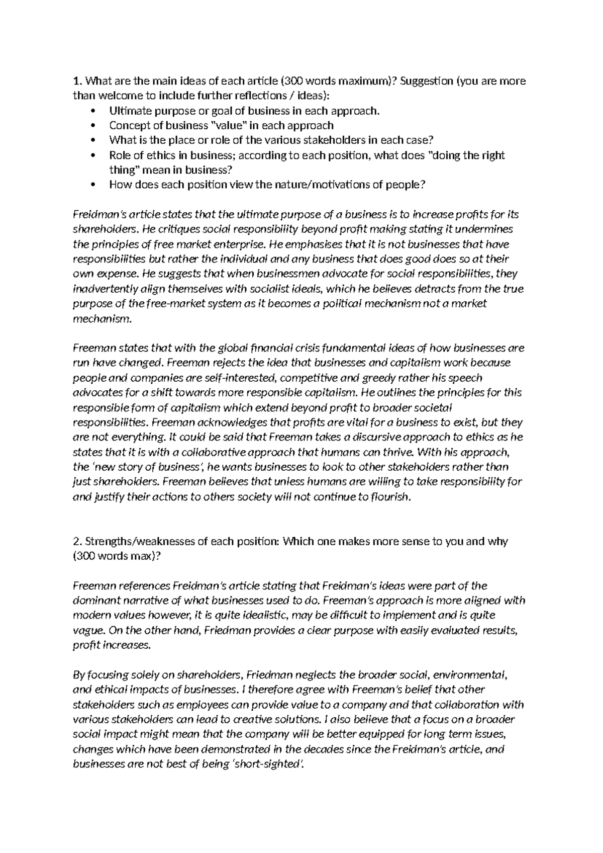 Friedman vs. Freeman: Ethics in Business Perspectives (BUS 101) - Studocu