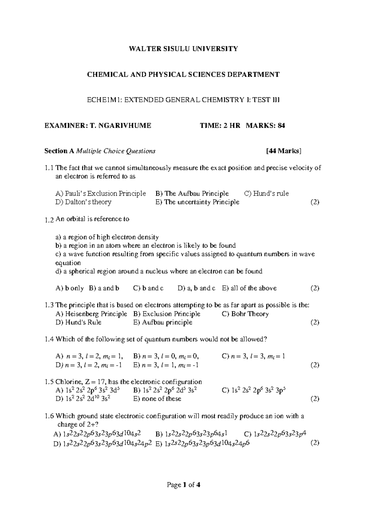 ECHE1M1: Extended General Chemistry I - Test III 2019 - Studocu
