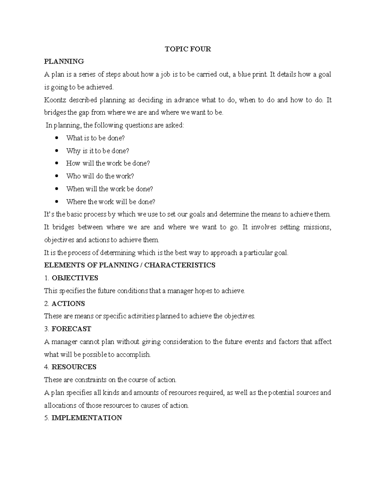 Topic 4: Planning - Key Elements, Importance, and Limitations - Studocu