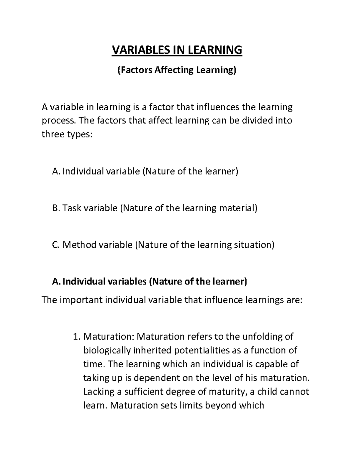 Variables Affecting Learning: Factors for Educational Growth - Studocu