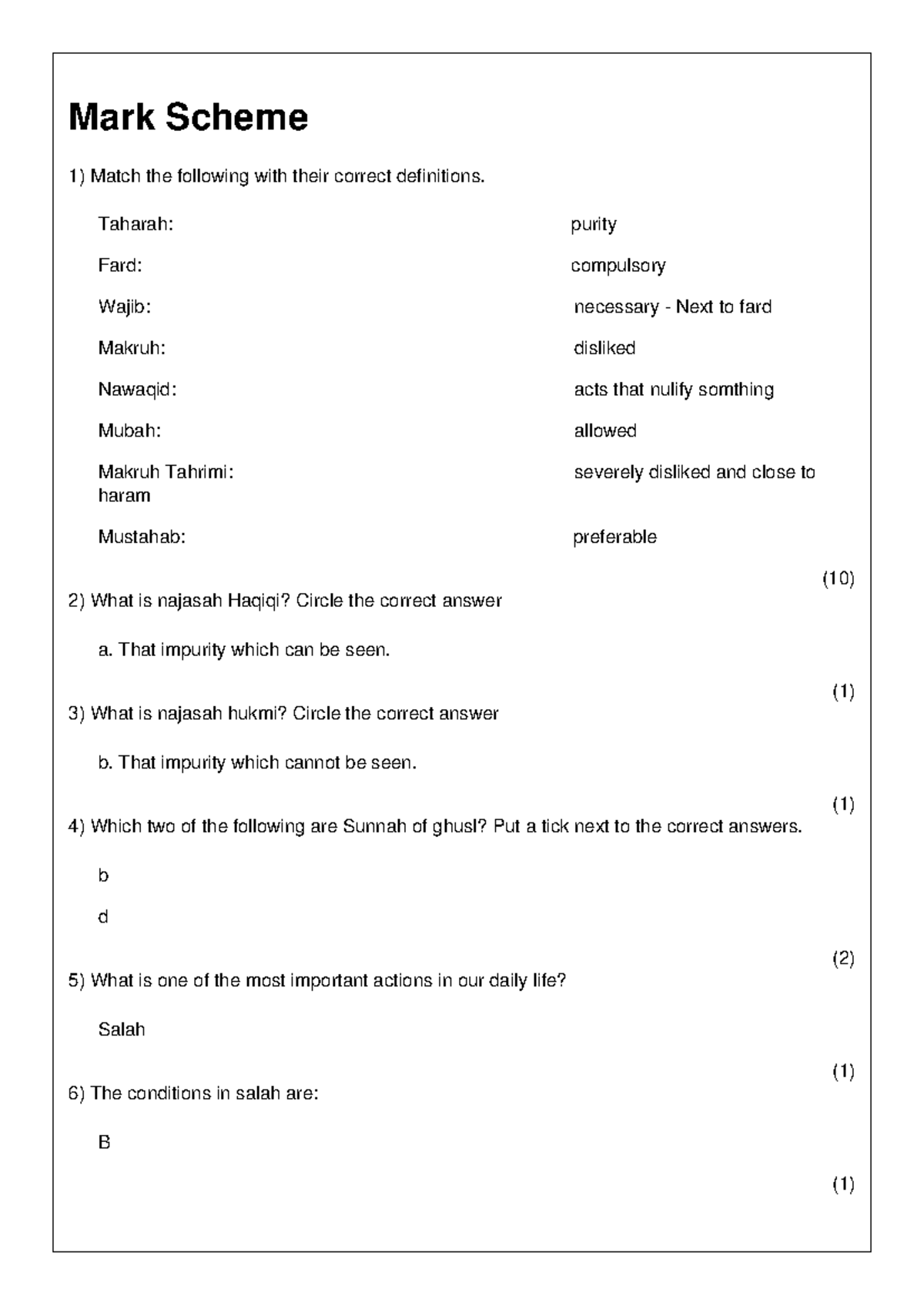 End of Topic Test: FIQH Level 3 Mark Scheme and Definitions - Studocu