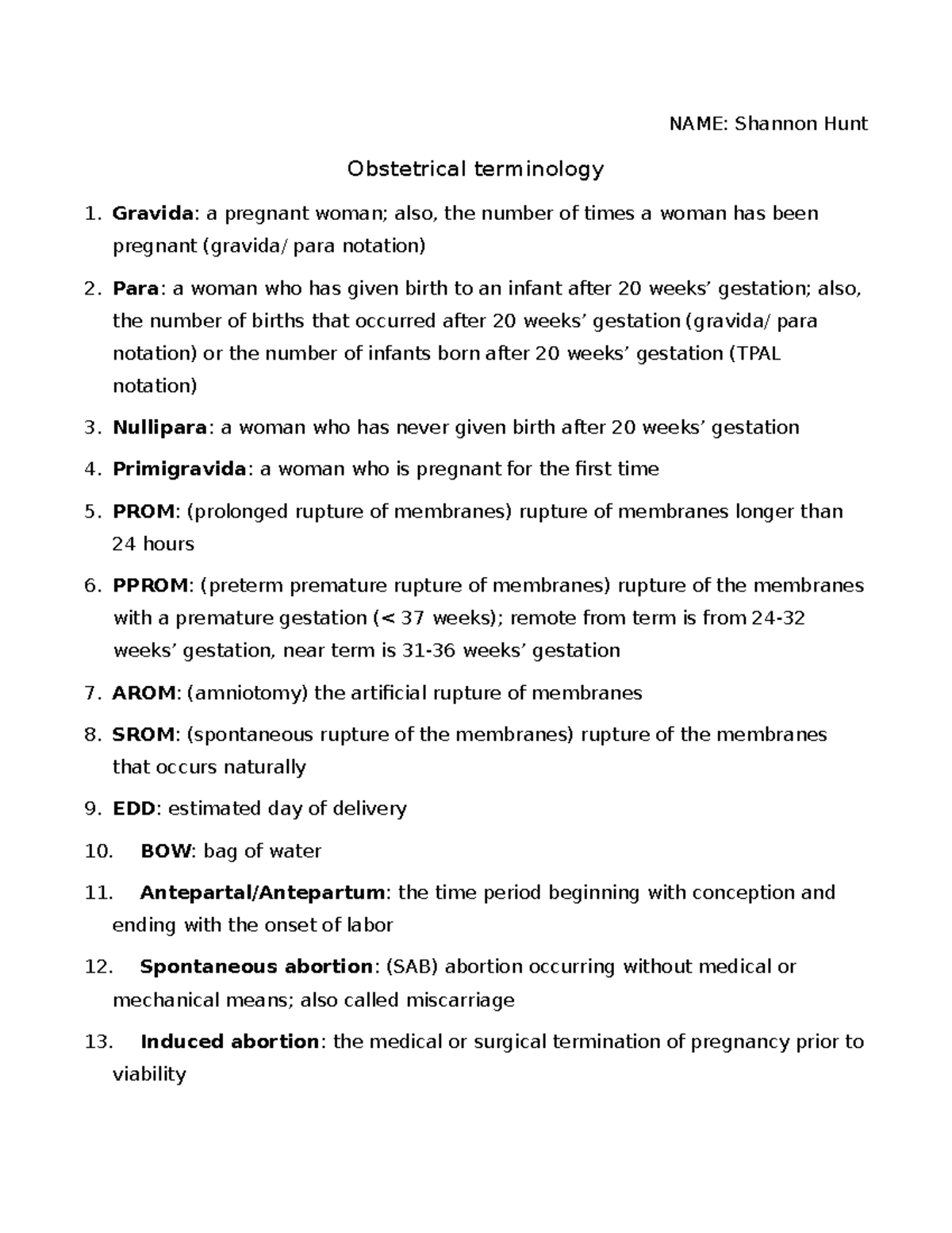 Obstetrical Terminology Worksheet for OBGYN Exam Preparation - Studocu