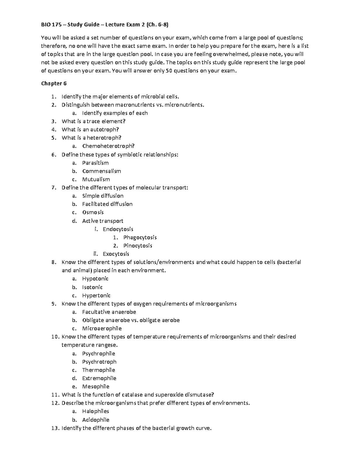BIO 175 - Study Guide for Lecture Exam 2: Chapters 6-8 Topics Overview ...