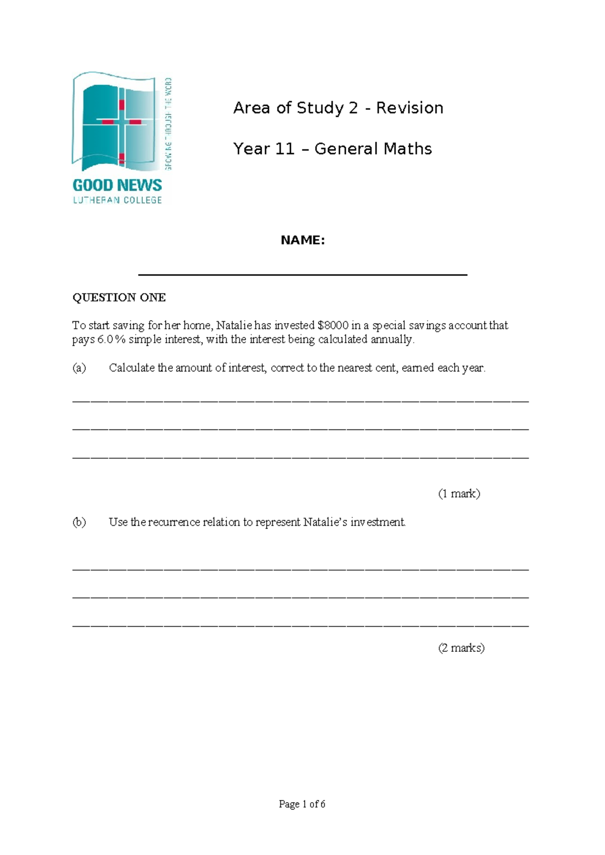 Year 11 General Maths Revision: Area of Study 2 Practice SAC - Studocu